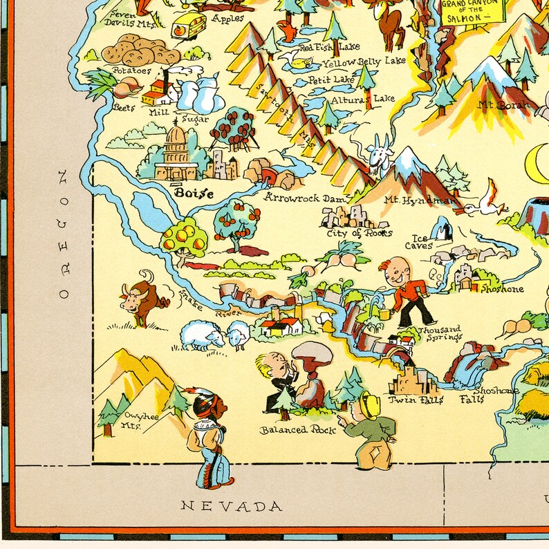 Fun State Map of Idaho Digital Download PRINTABLE Vintage Pictorial Old ...