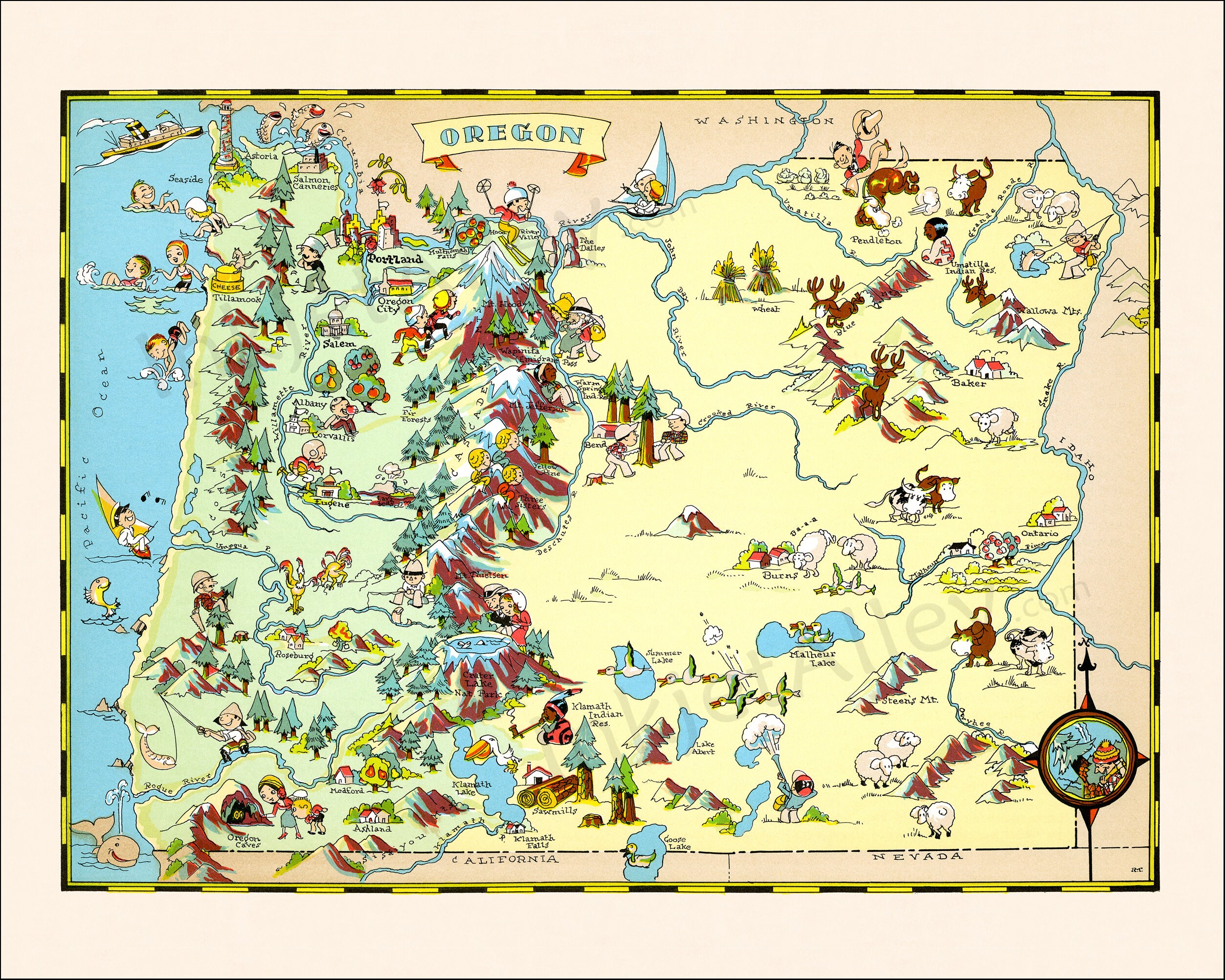 Fun State Map of Oregon Digital Download PRINTABLE Vintage Pictorial ...