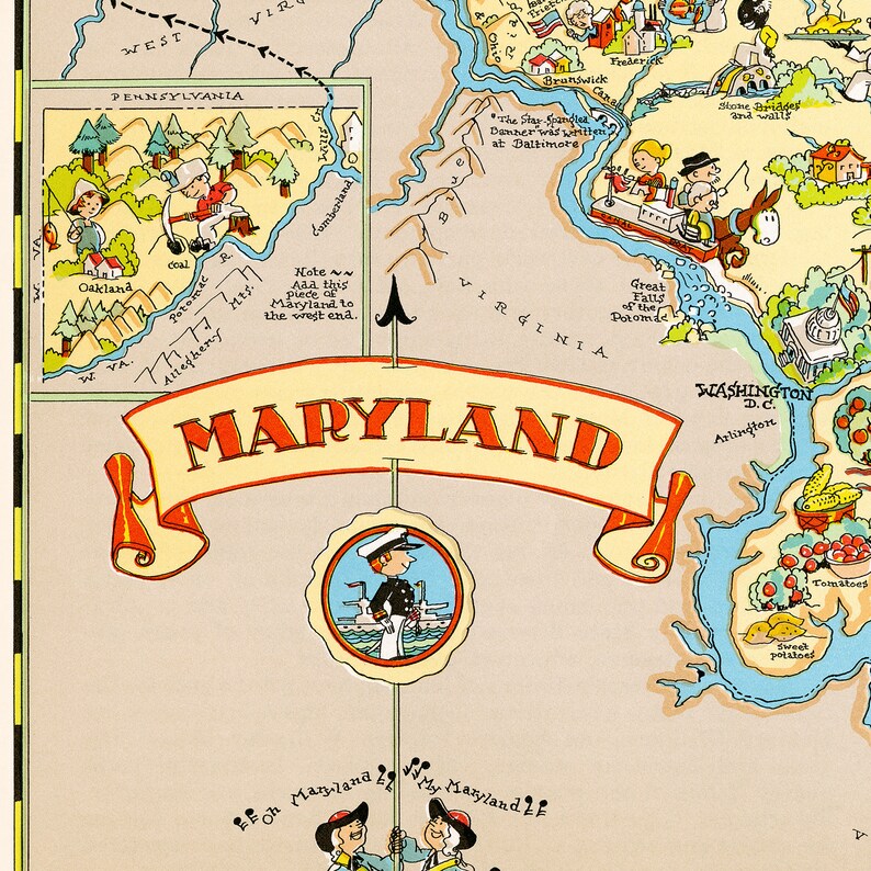 Fun State Map of Maryland – Digital Download PRINTABLE Vintage ...