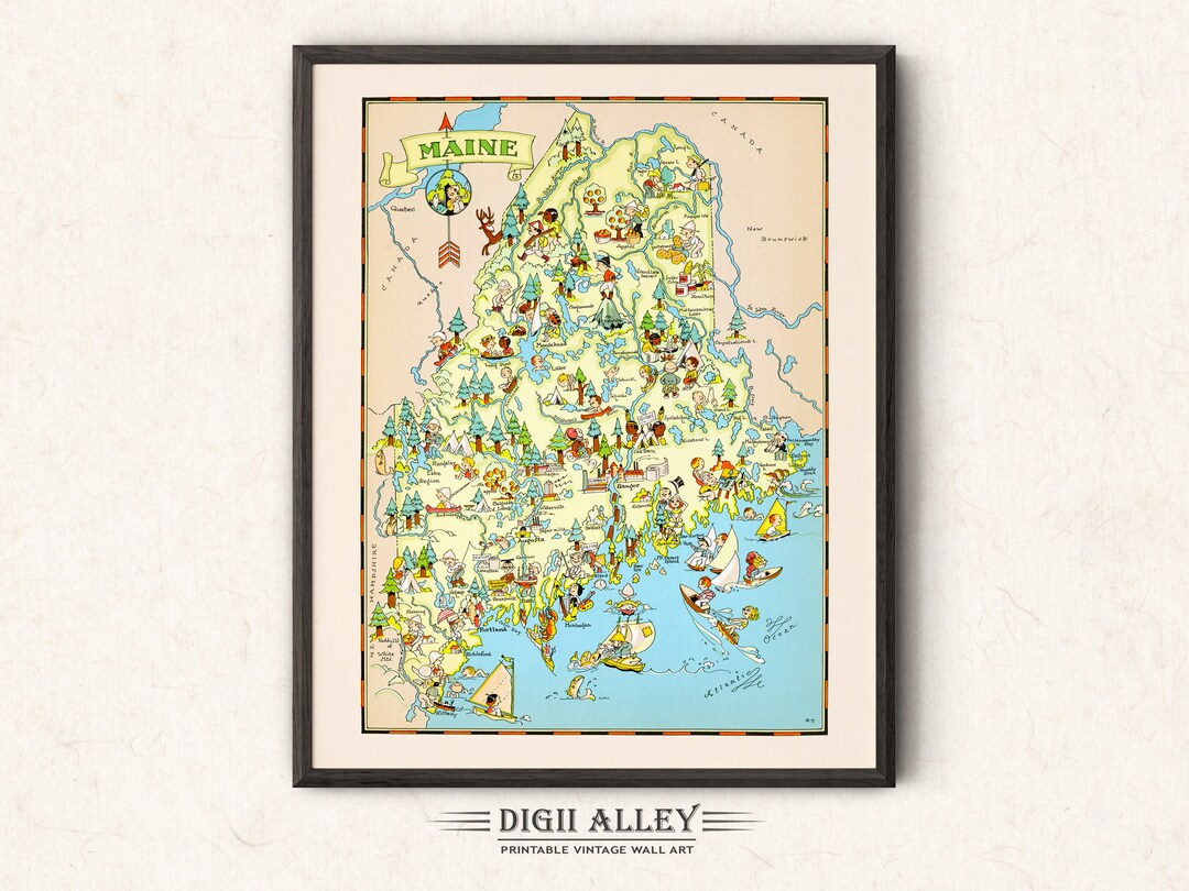 Fun State Map of Maine – Digital Download PRINTABLE Vintage Pictorial ...