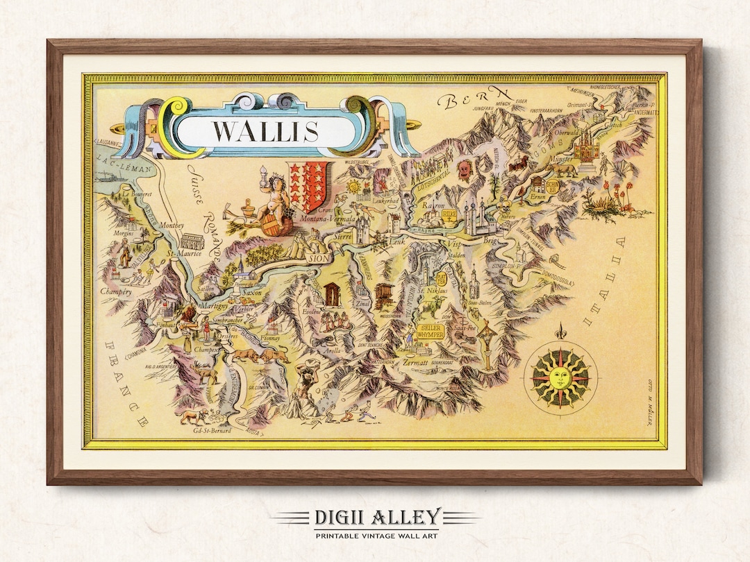 Fun Map of Wallis in Switzerland – Digital Download PRINTABLE Vintage ...