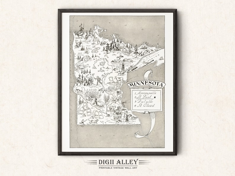 Pictorial State Map of Minnesota – Digital Download PRINTABLE Vintage ...