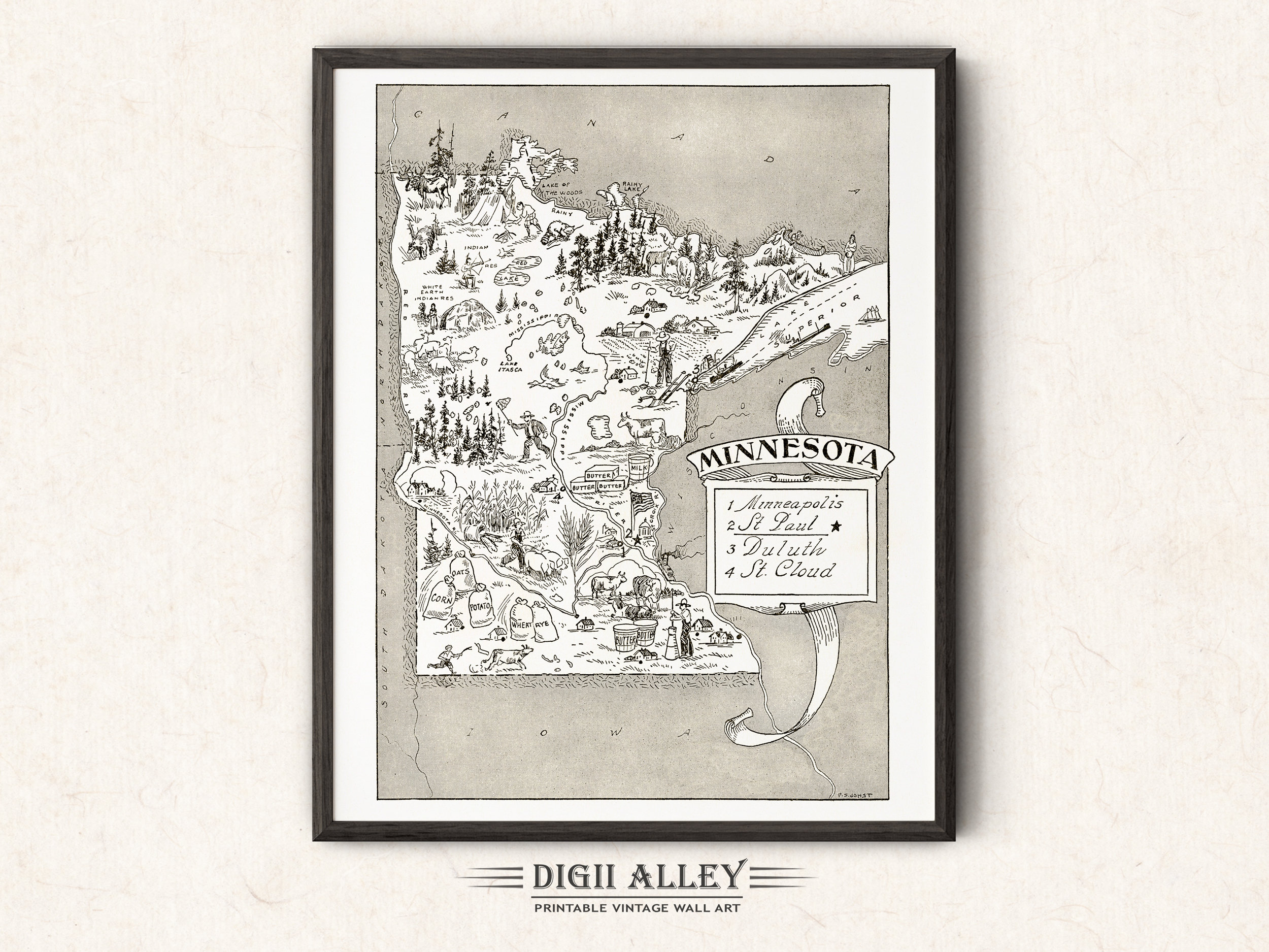 Pictorial State Map of Minnesota – Digital Download PRINTABLE Vintage ...
