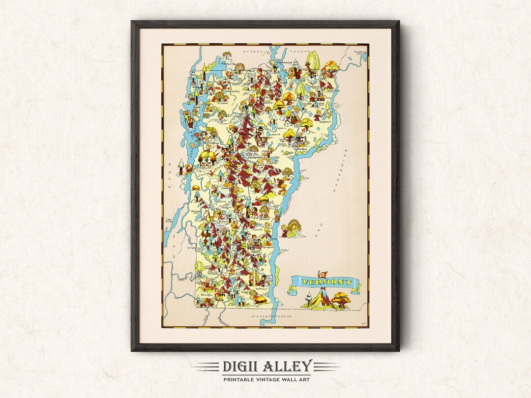 Fun State Map of Vermont – Digital Download PRINTABLE Vintage Pictorial ...