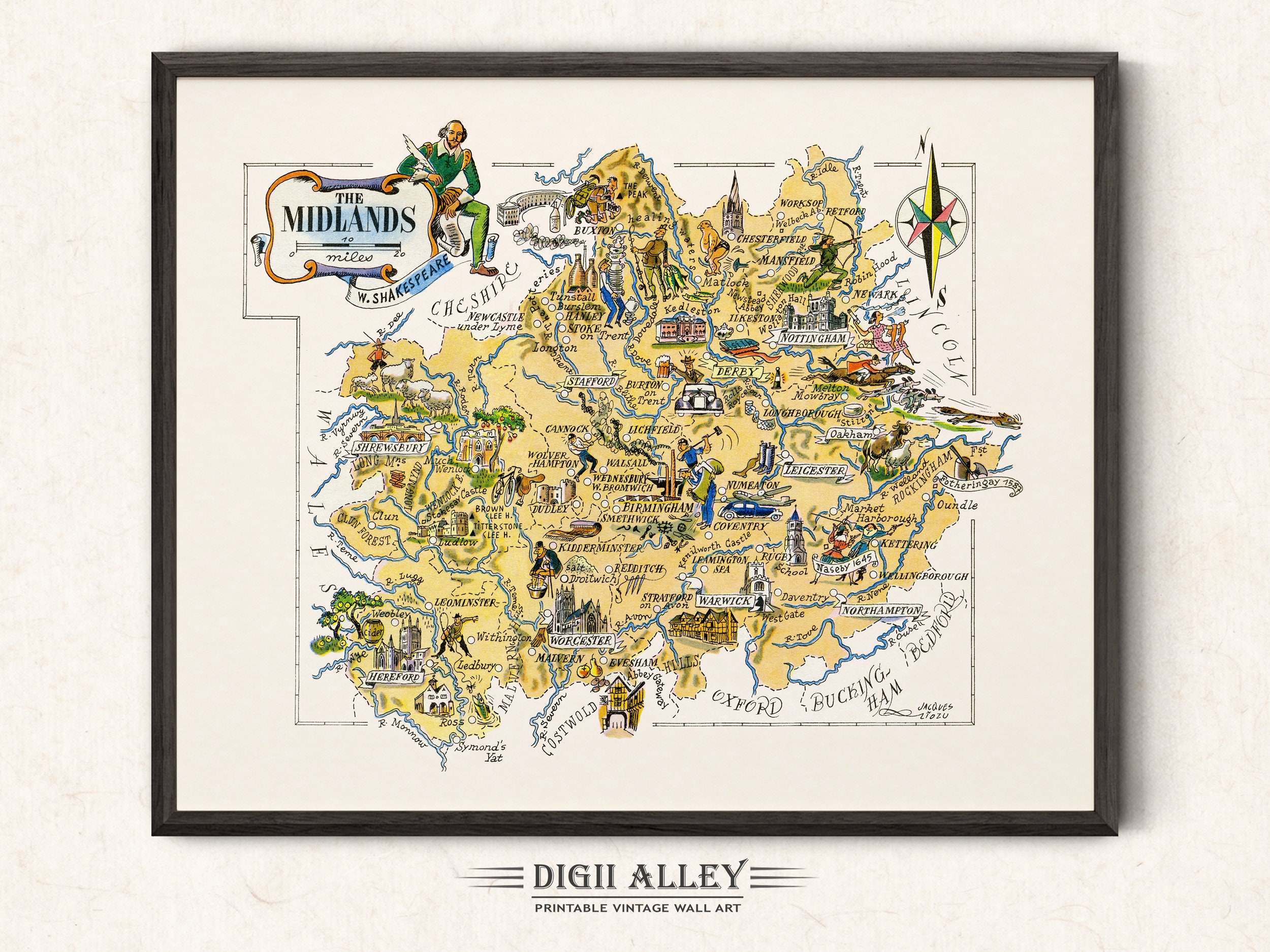 Fun Map of the Midlands in Great Britain, England, UK Digital Download ...