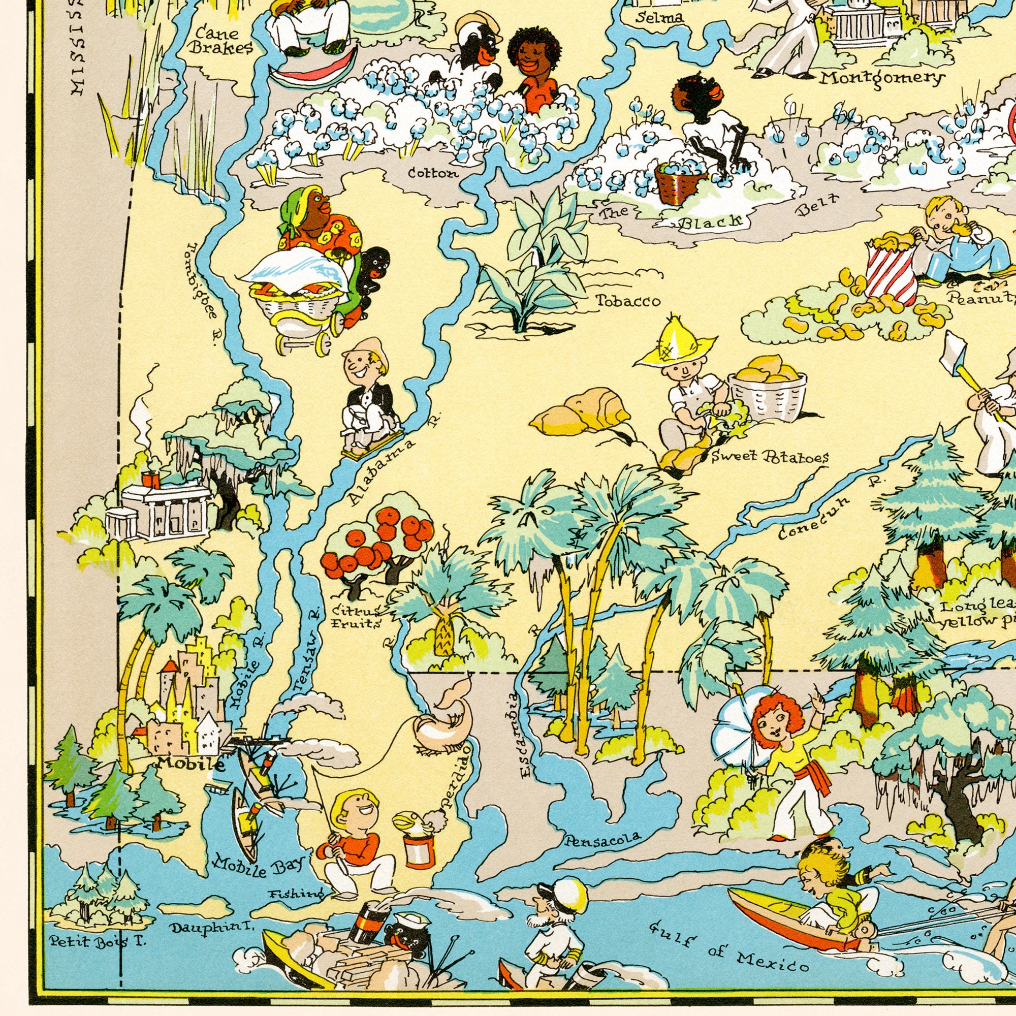 Fun State Map of Alabama Digital Download PRINTABLE Vintage Pictorial ...