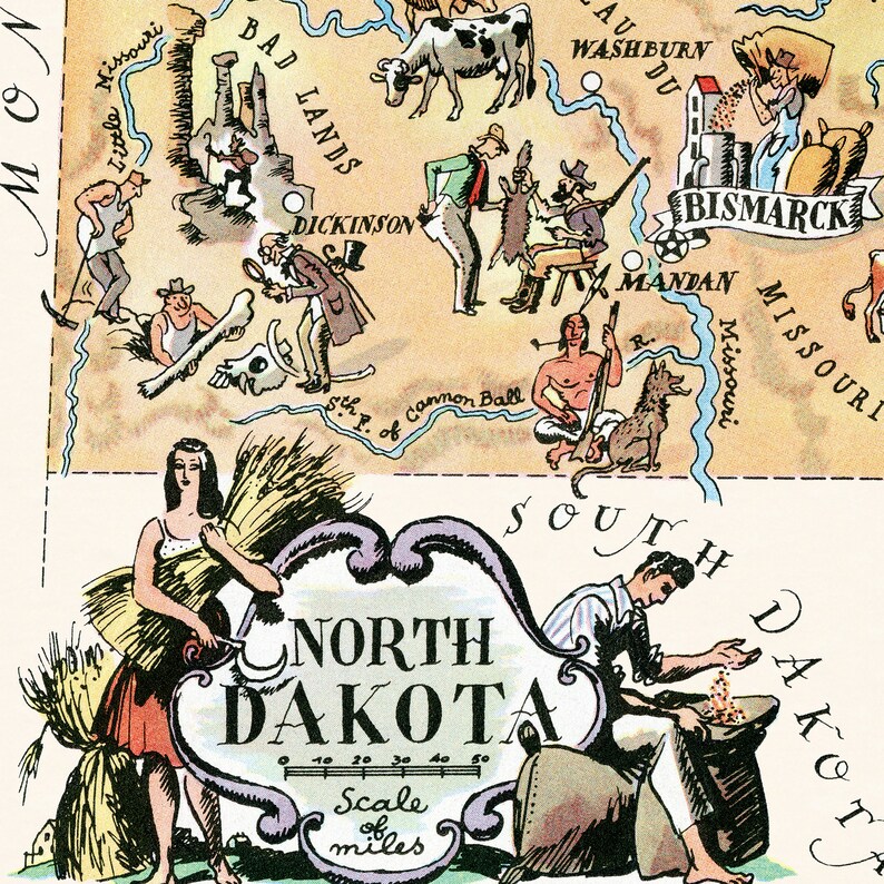 Fun State Map of North Dakota – Digital Download PRINTABLE Vintage ...