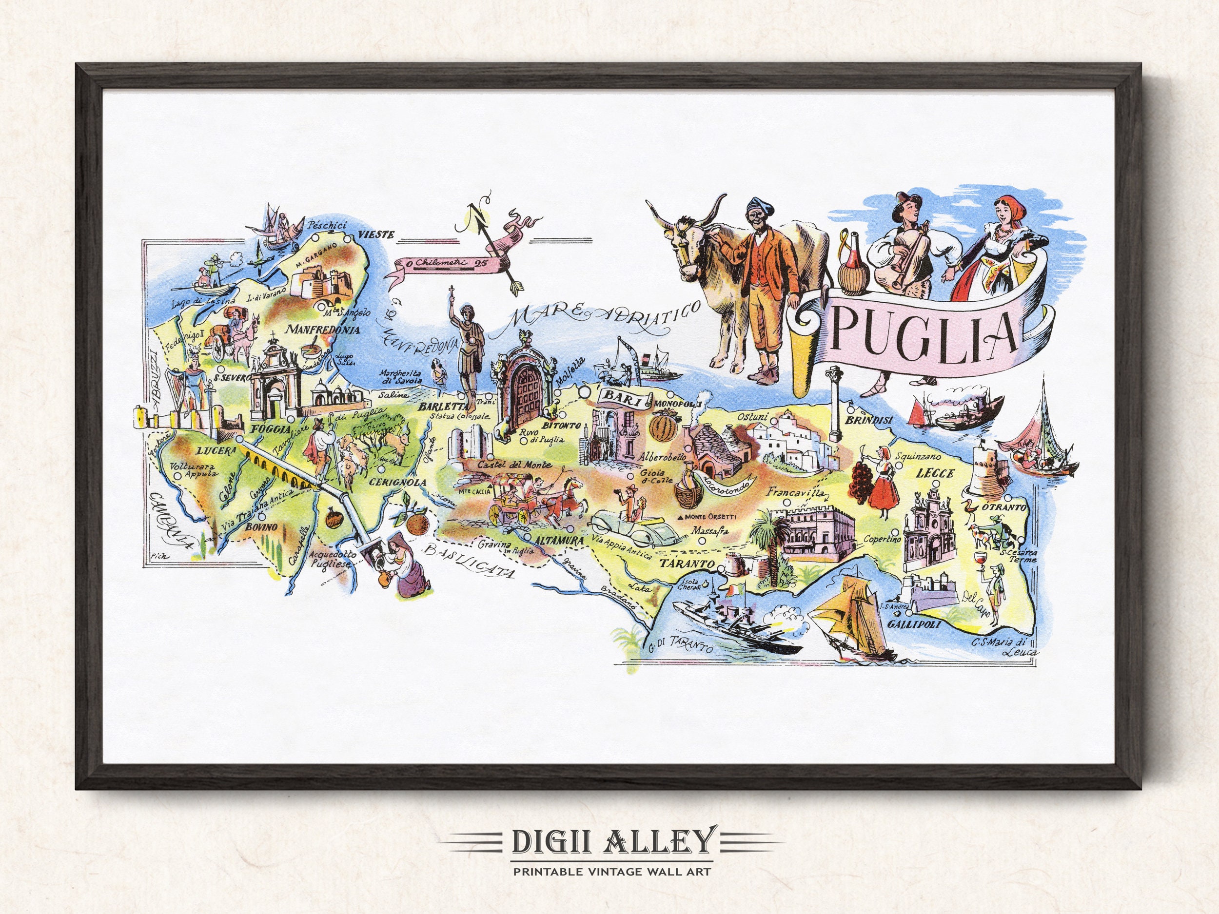 Fun Map of Puglia in Italy – Digital Download PRINTABLE Vintage ...