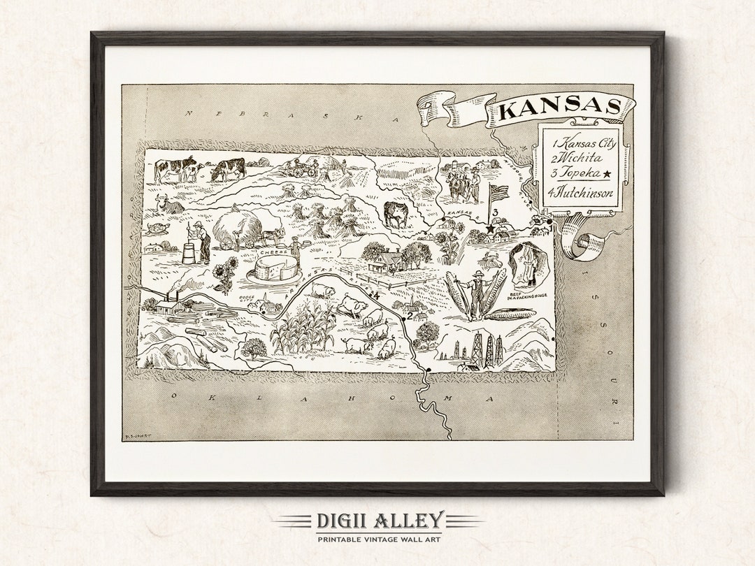 Pictorial State Map of Kansas – Digital Download PRINTABLE Vintage Fun ...