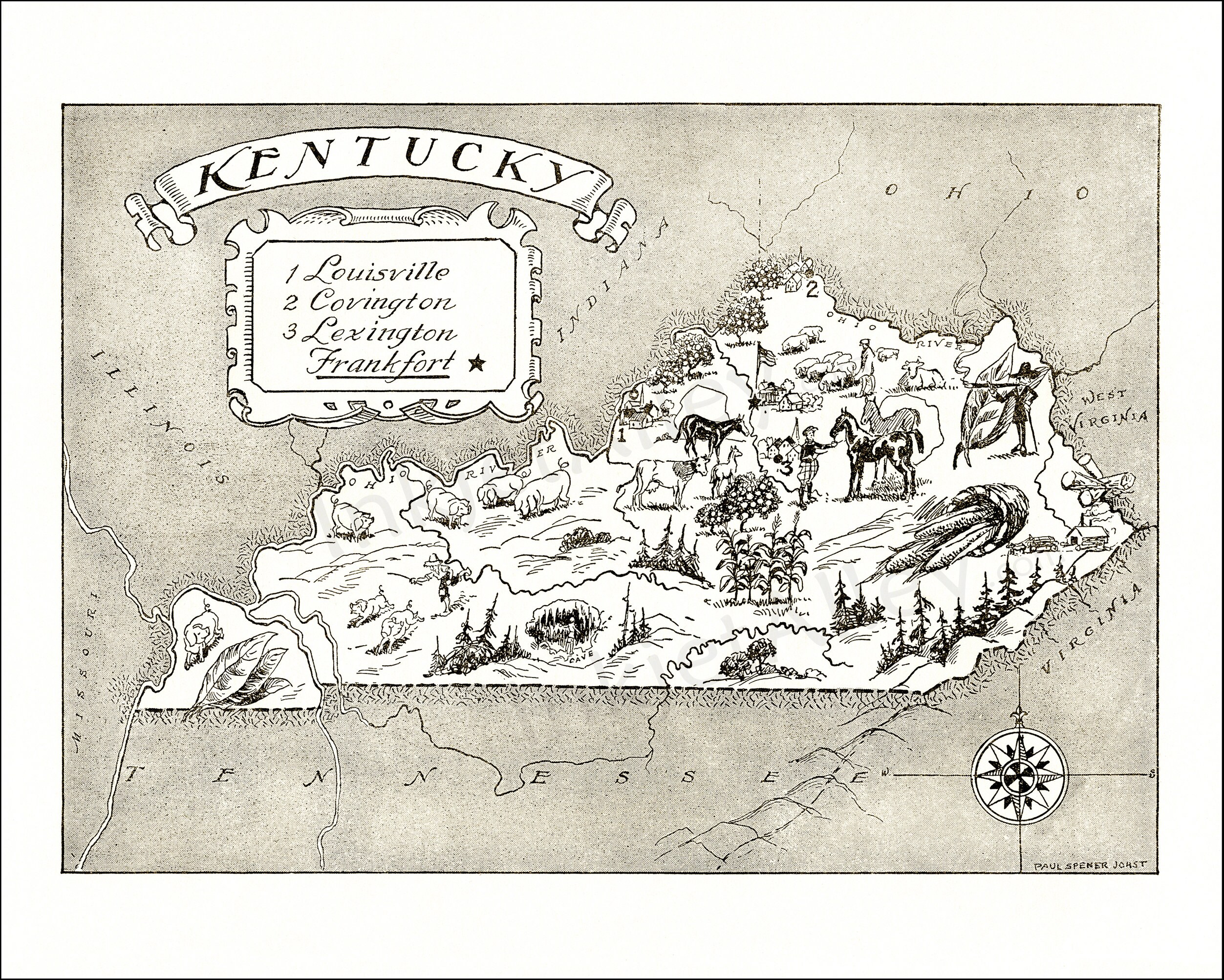 Pictorial State Map of Kentucky Digital Download PRINTABLE Vintage Fun ...