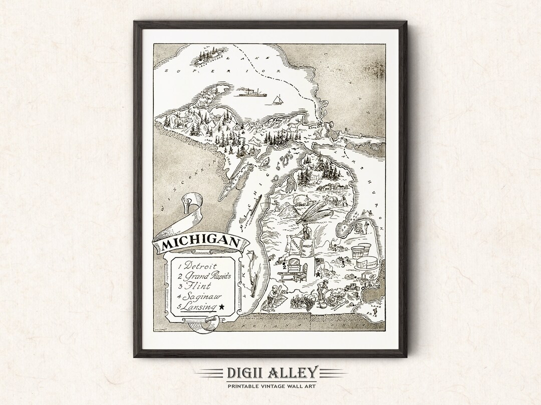 Pictorial State Map of Michigan – Digital Download PRINTABLE Vintage ...