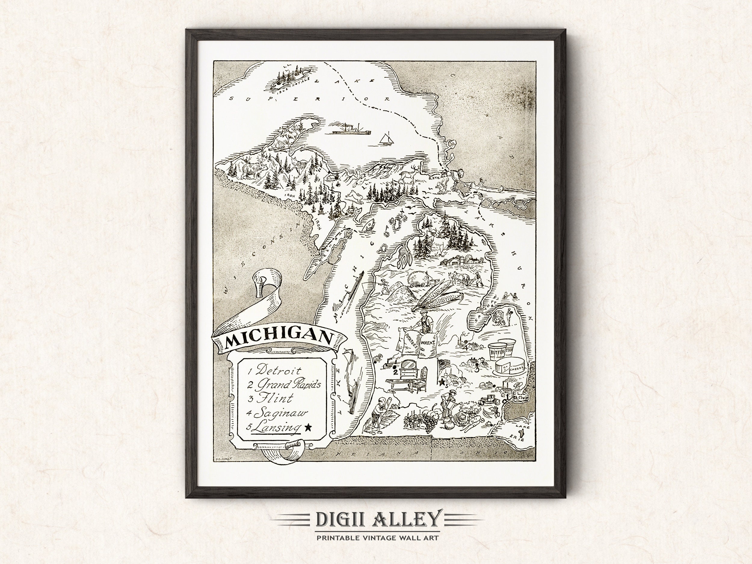 Pictorial State Map of Michigan Digital Download PRINTABLE Vintage Fun ...