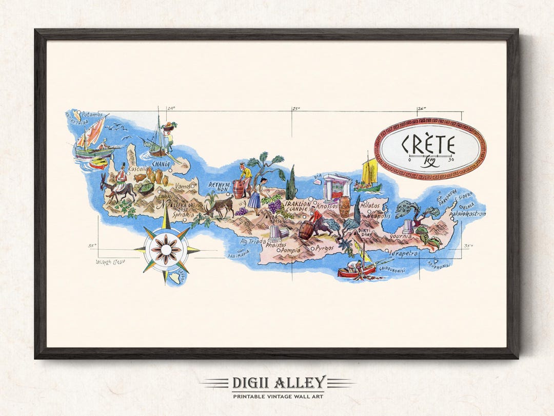 Fun Map of Crete a Greek Island – Digital Download PRINTABLE Vintage ...