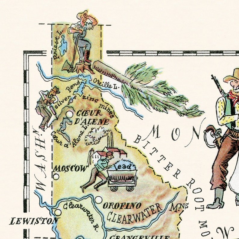 Fun State Map of Idaho – Digital Download PRINTABLE Vintage Pictorial ...