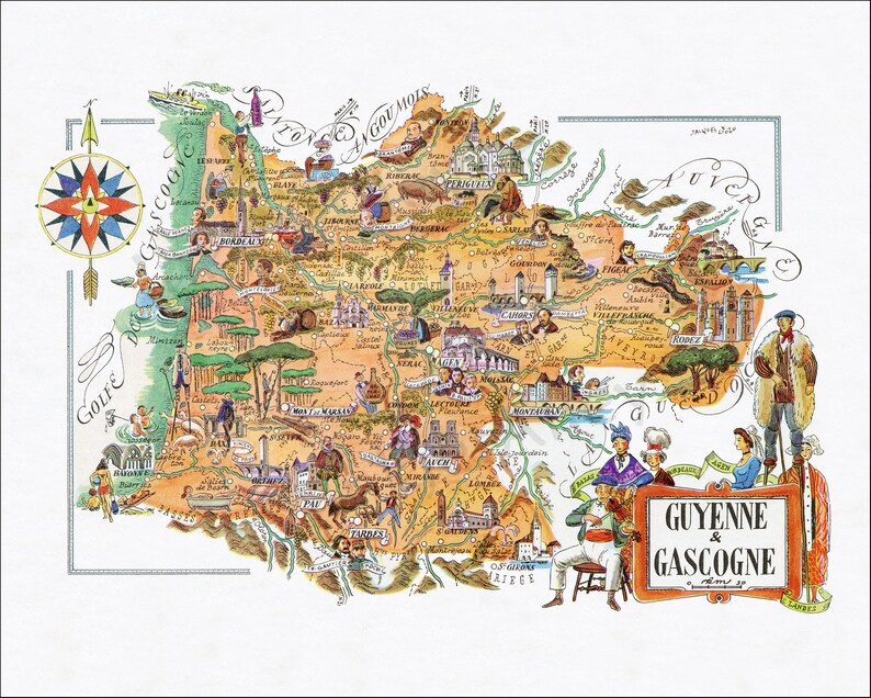 Fun Map of Guyenne & Gascogne French Province, France – Digital ...