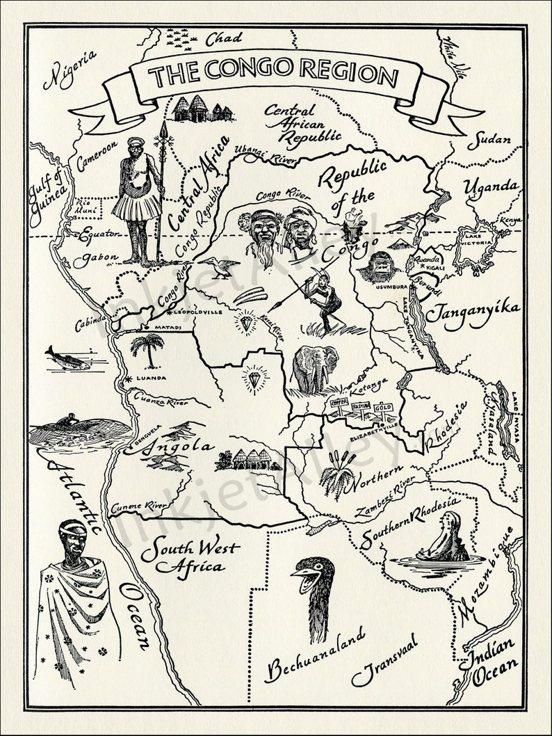 Map of Congo in Africa Digital Download PRINTABLE Vintage Pictorial Fun ...