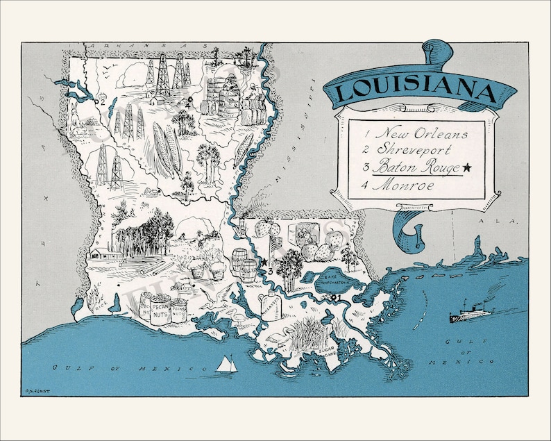 Pictorial Map of Louisiana – Digital Download PRINTABLE Vintage Fun Old ...