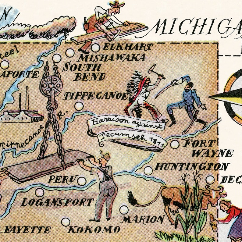 Fun State Map of Indiana – Digital Download PRINTABLE Vintage Pictorial ...