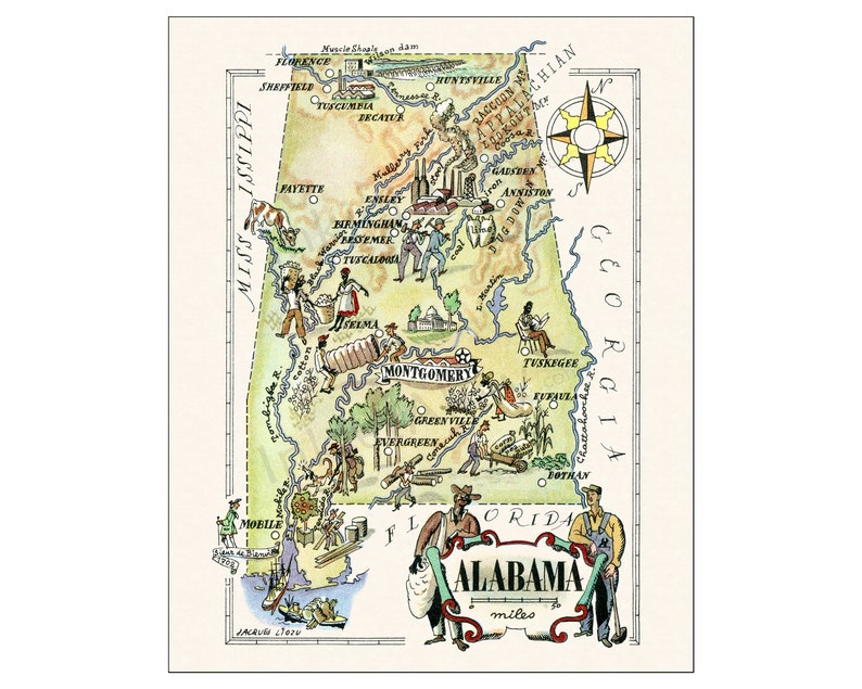 Fun State Map of Alabama – Digital Download PRINTABLE Vintage Pictorial ...