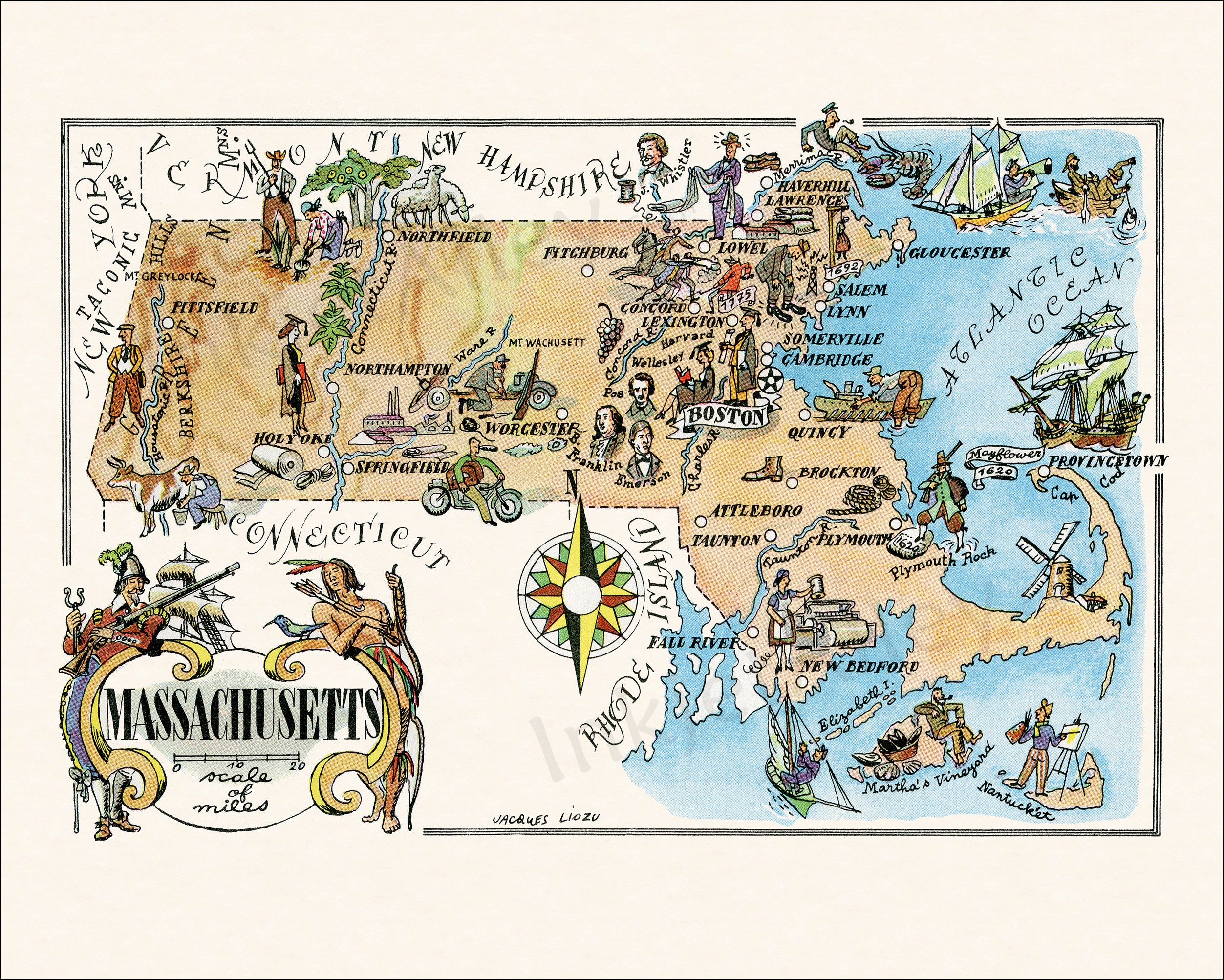 Fun State Map of Massachusetts Digital Download PRINTABLE Vintage ...