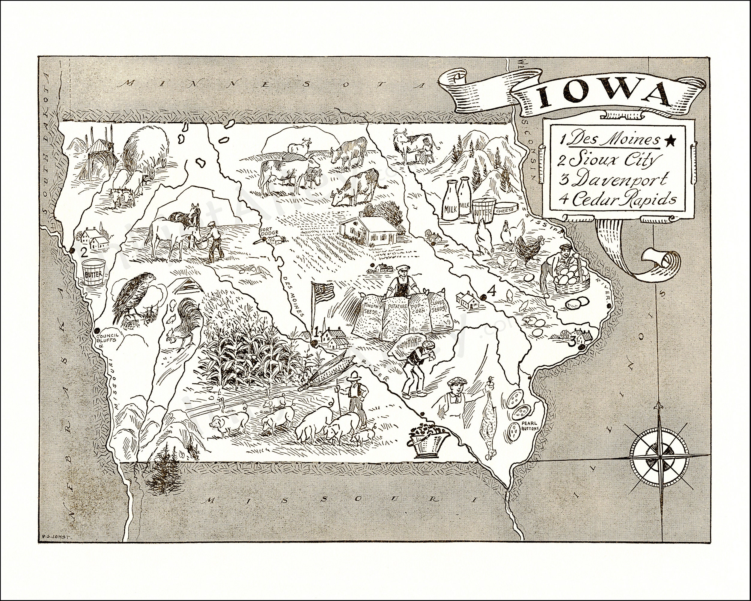 Pictorial State Map of Iowa – Digital Download PRINTABLE Vintage Fun ...