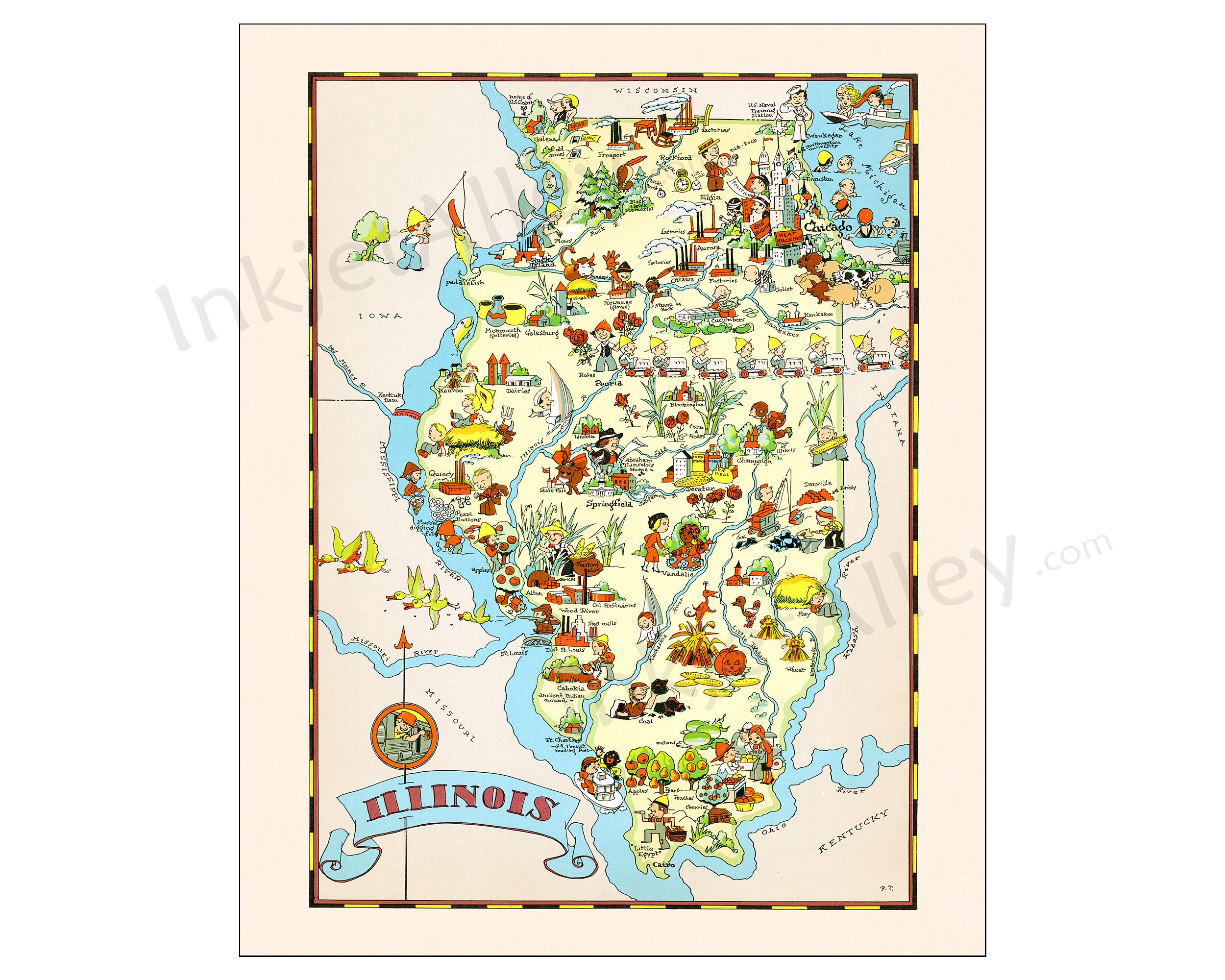 Fun State Map of Illinois Digital Download PRINTABLE Vintage Pictorial ...
