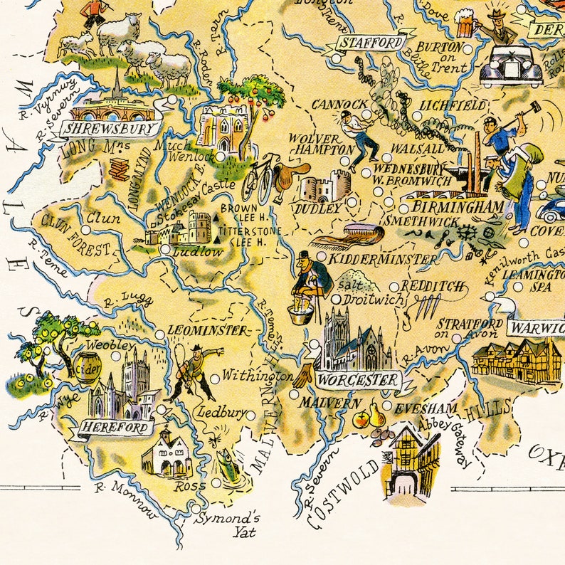 Fun Map of the Midlands in Great Britain, England, UK – Digital ...