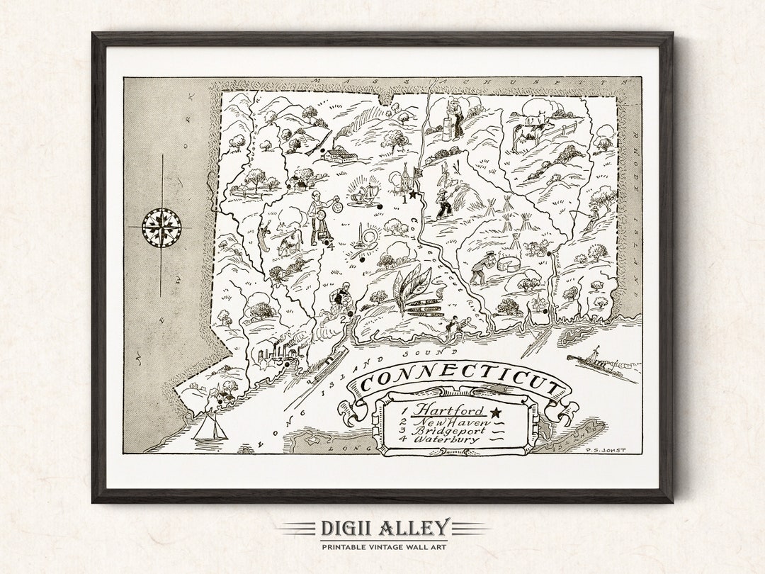 Pictorial State Map of Connecticut – Digital Download PRINTABLE Vintage ...