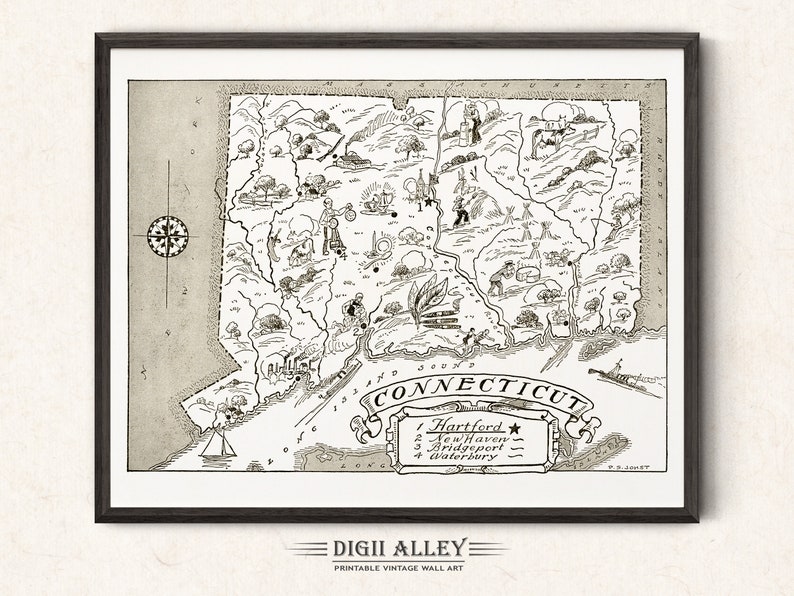 Pictorial State Map of Connecticut – Digital Download PRINTABLE Vintage ...