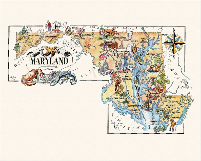 Fun State Map of Maryland – Digital Download PRINTABLE Vintage ...