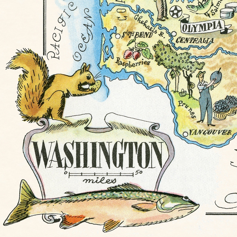 Fun State Map of Washington – Digital Download PRINTABLE Vintage ...