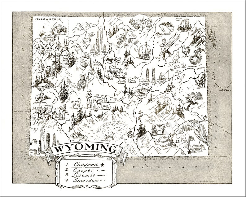 Pictorial State Map of Wyoming – Digital Download PRINTABLE Vintage Fun ...
