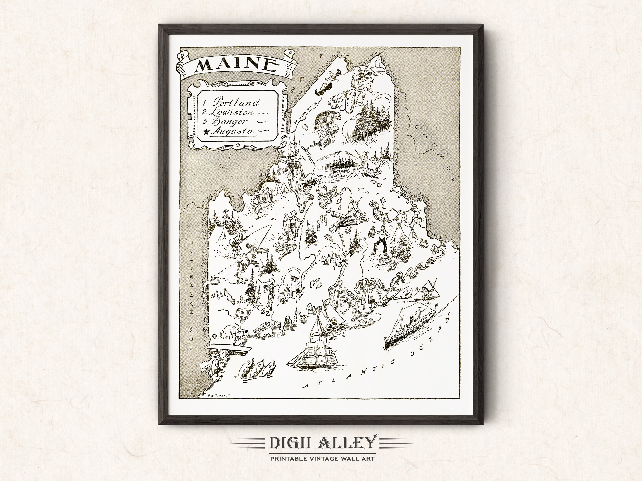 Pictorial State Map of Maine Digital Download PRINTABLE Vintage Fun Old ...