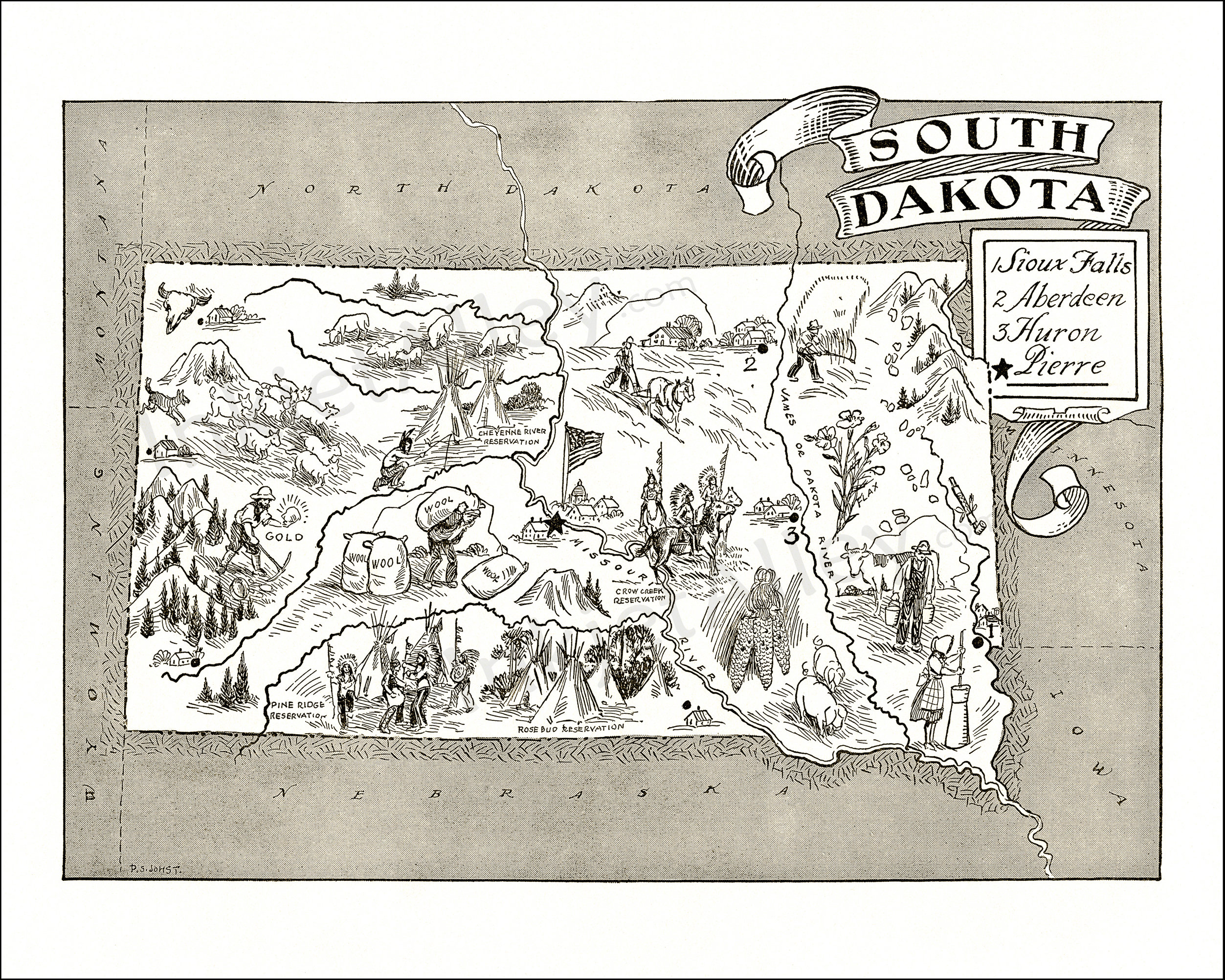 Pictorial State Map of South Dakota – Digital Download PRINTABLE ...