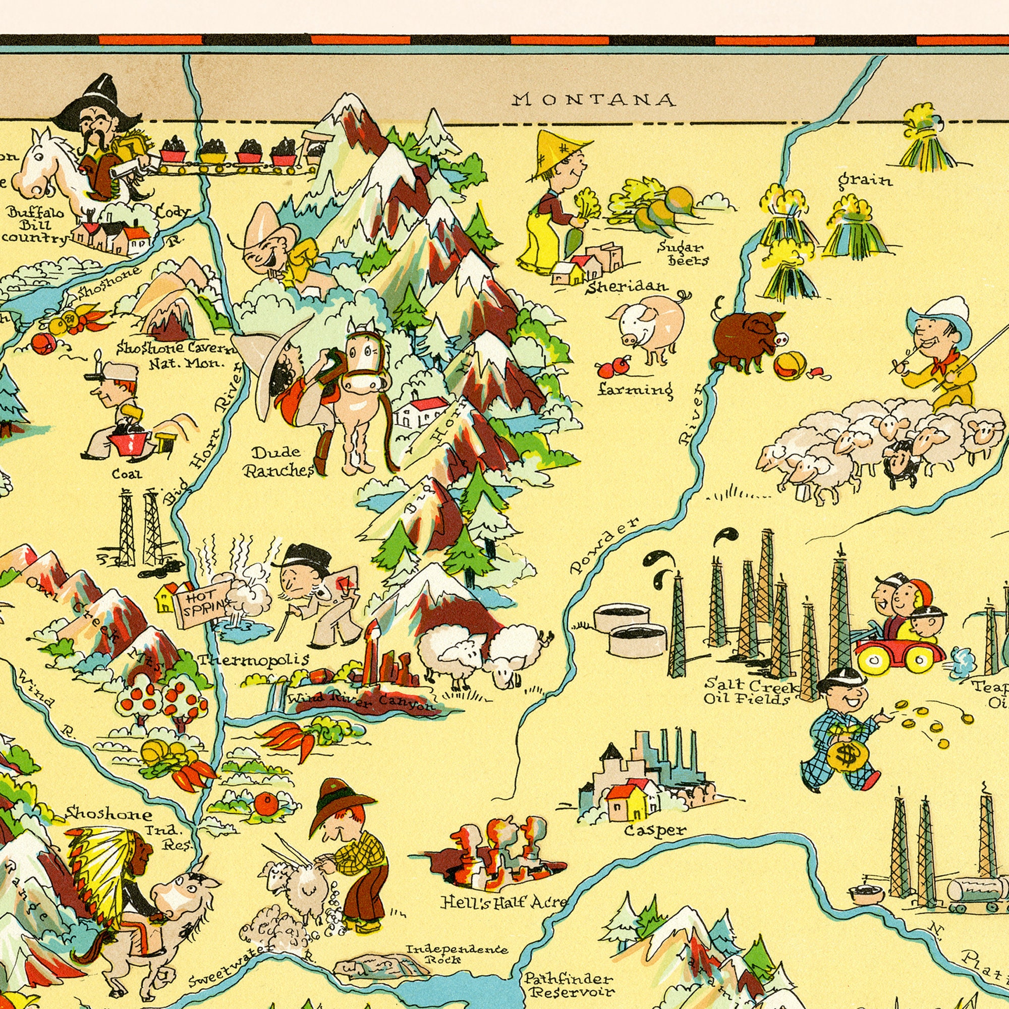Fun State Map of Wyoming – Digital Download PRINTABLE Vintage Pictorial ...