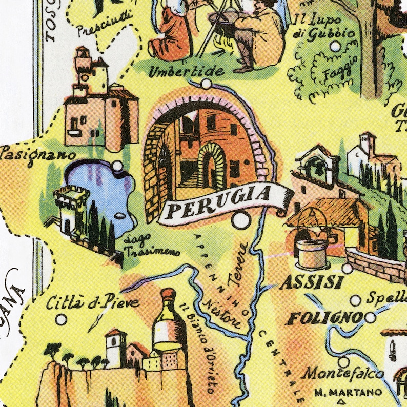 Fun Map of Italy Umbria – Digital Download PRINTABLE Vintage Pictorial ...