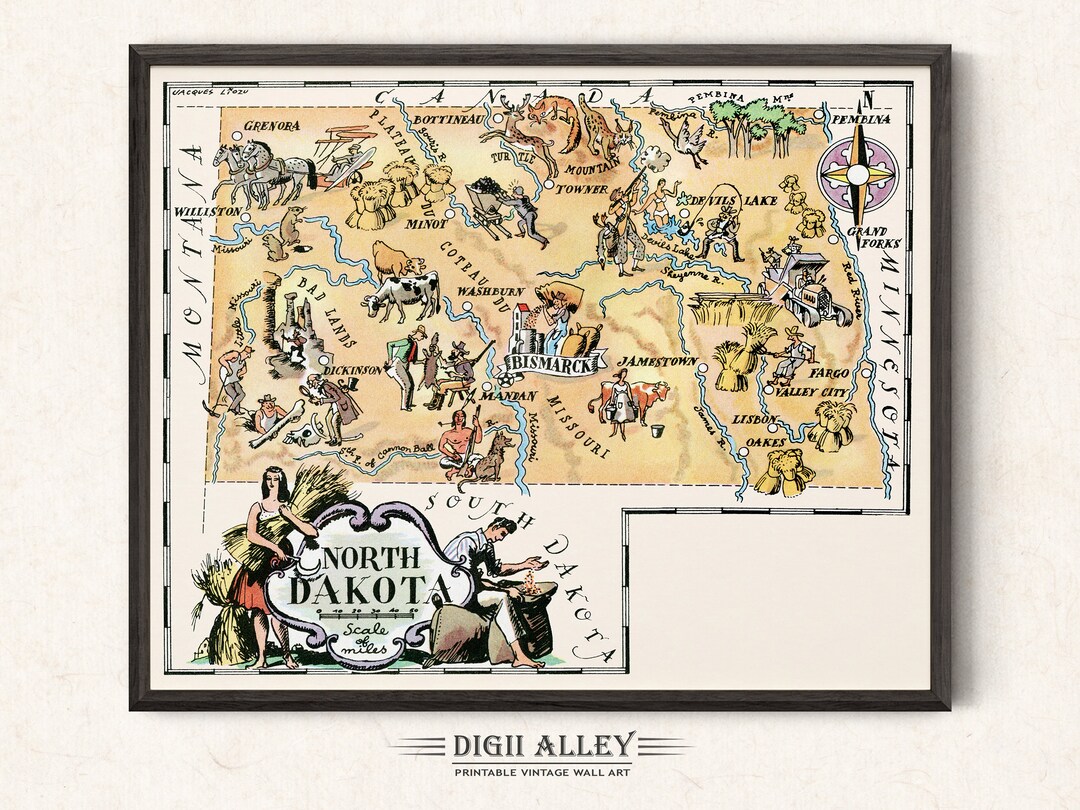 Fun State Map of North Dakota – Digital Download PRINTABLE Vintage ...