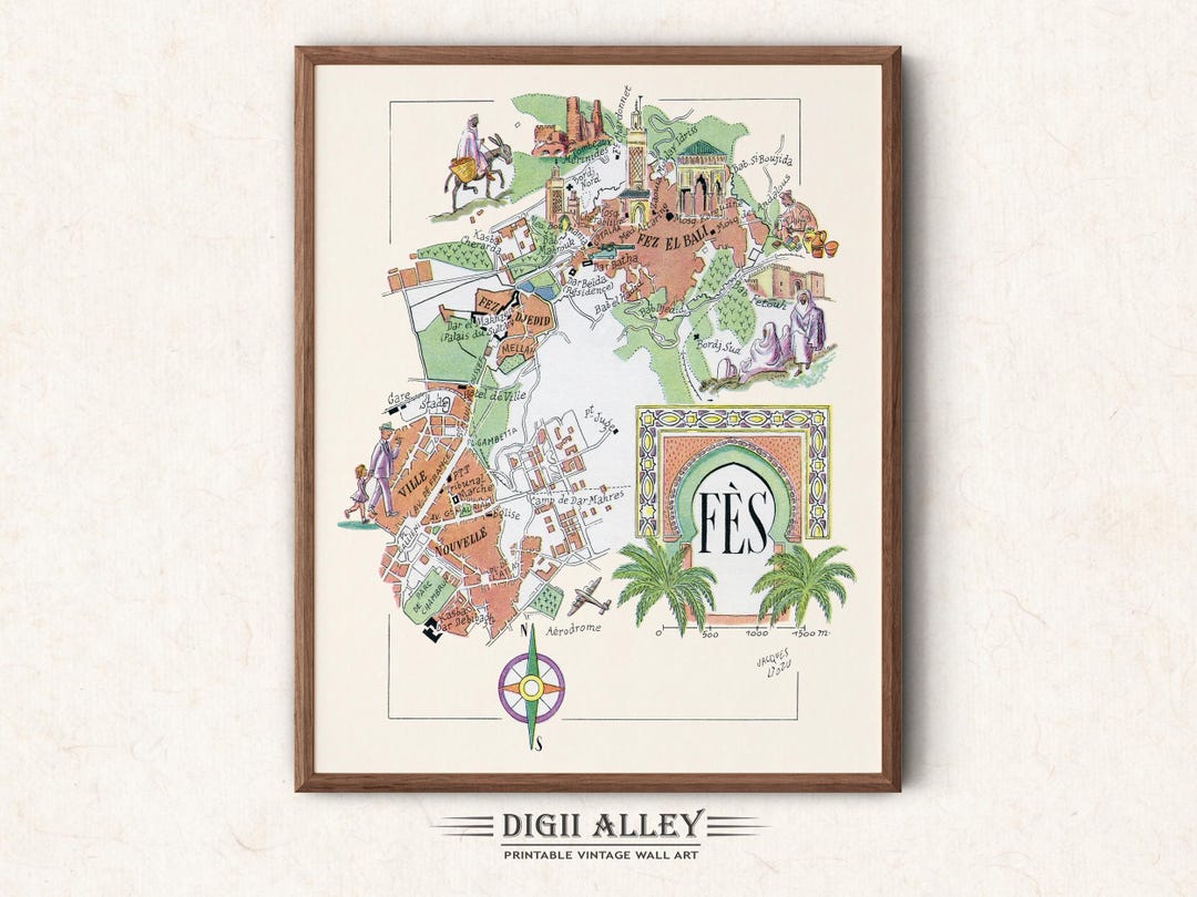 Fun Map of Fes in Northern Africa – Digital Download PRINTABLE Vintage ...