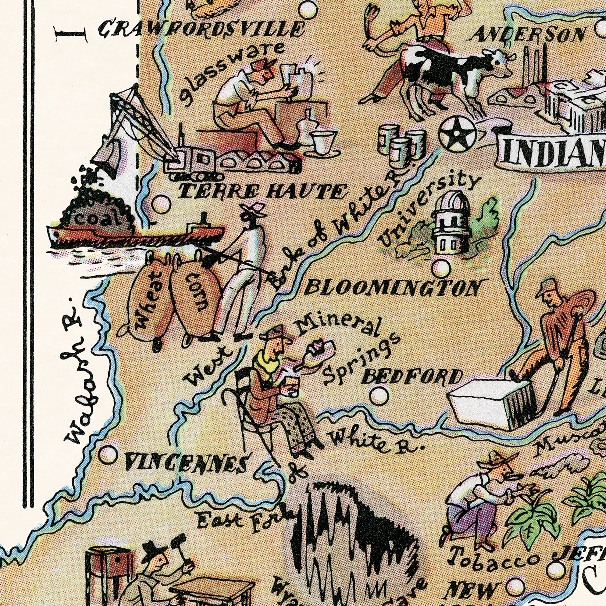 Fun State Map of Indiana – Digital Download PRINTABLE Vintage Pictorial ...