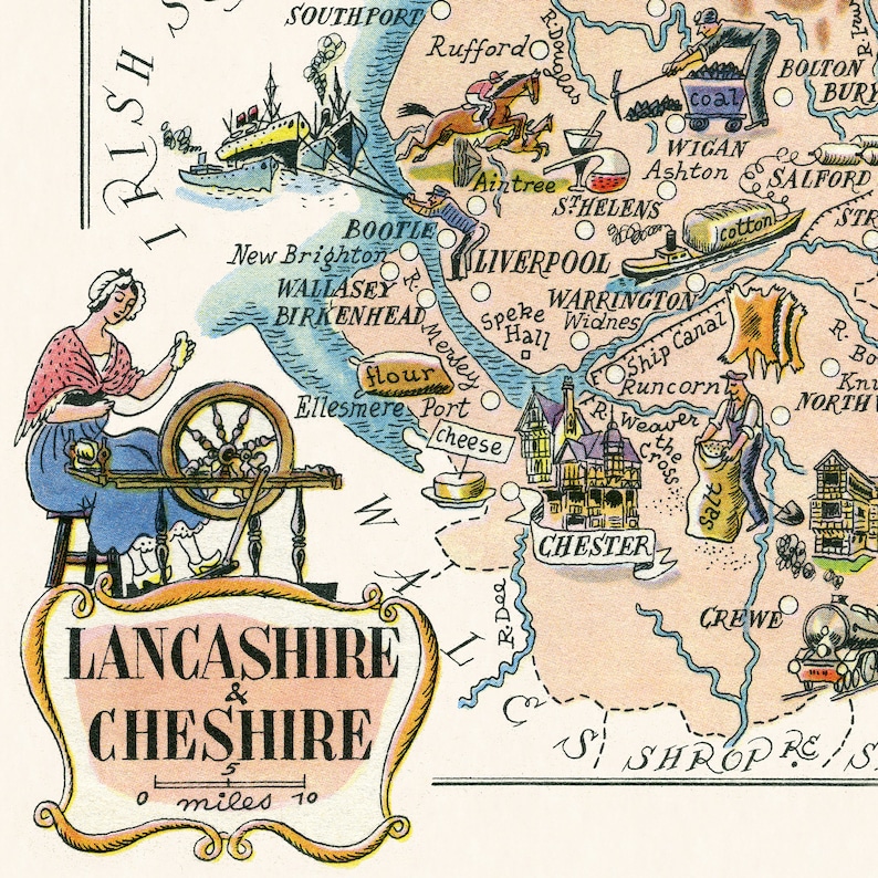 Fun Map of Lancashire & Cheshire in Great Britain, England – Digital ...