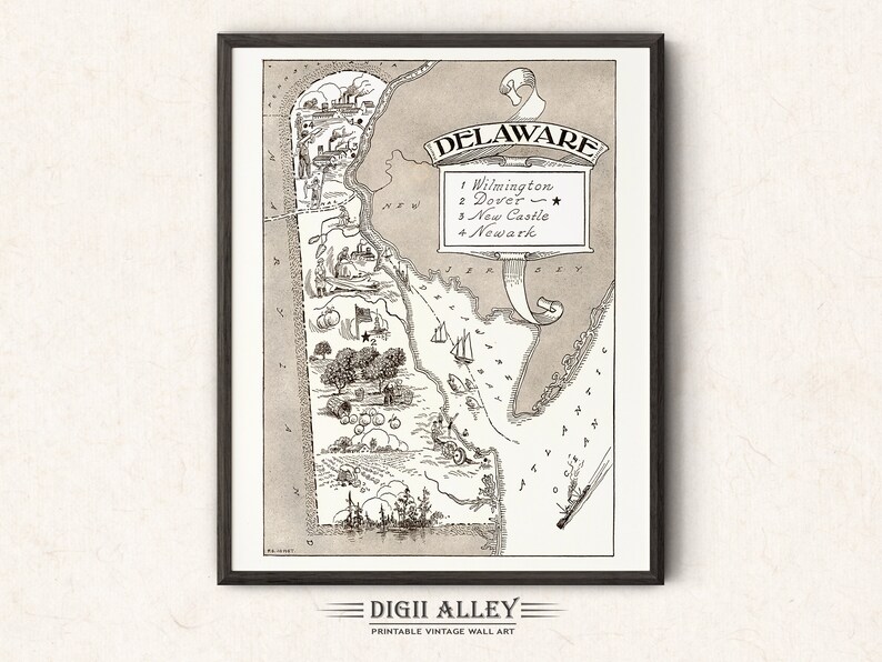 Pictorial State Map of Delaware – Digital Download PRINTABLE Vintage ...