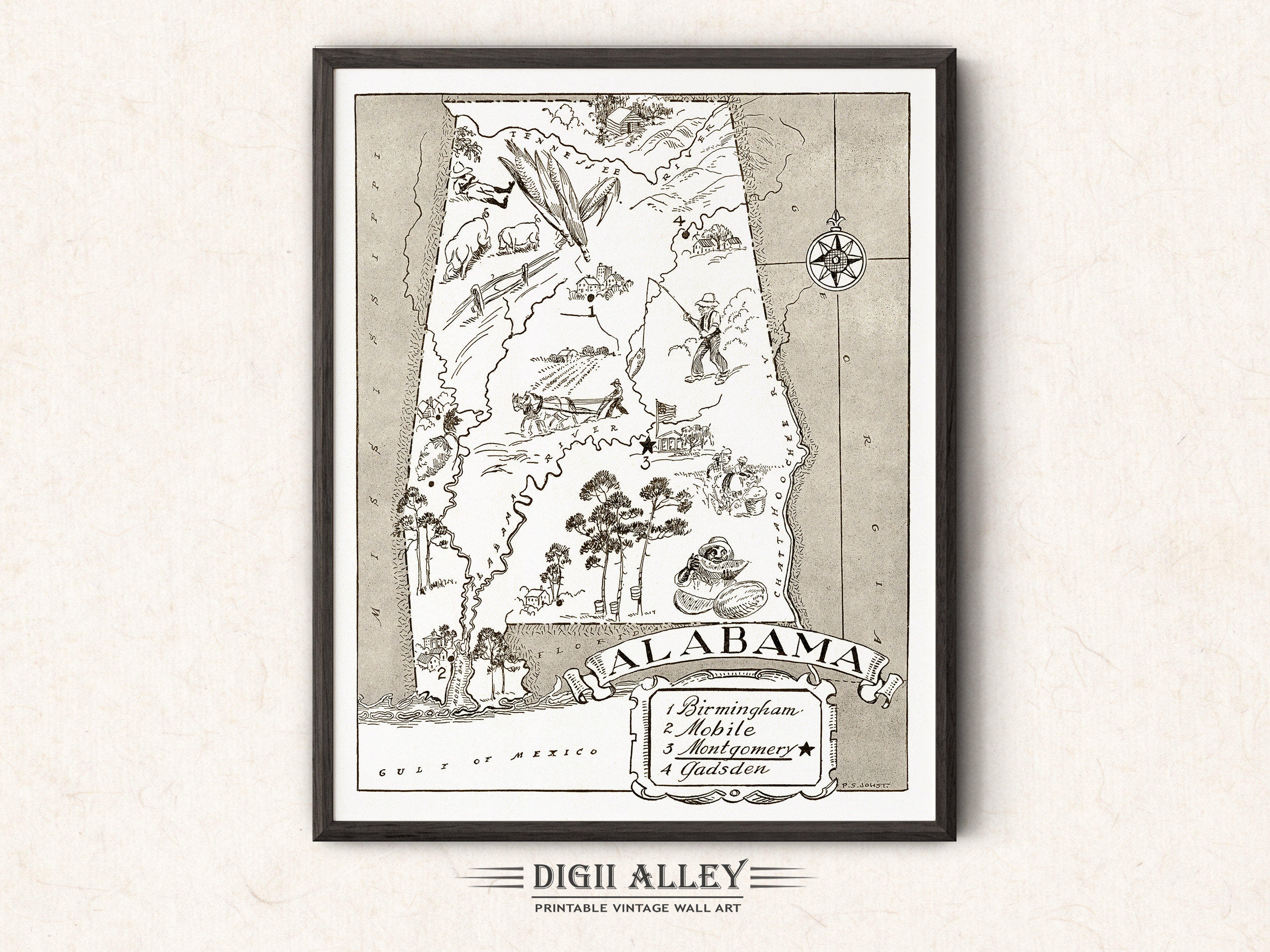 Pictorial State Map of Alabama – Digital Download PRINTABLE Vintage Fun ...