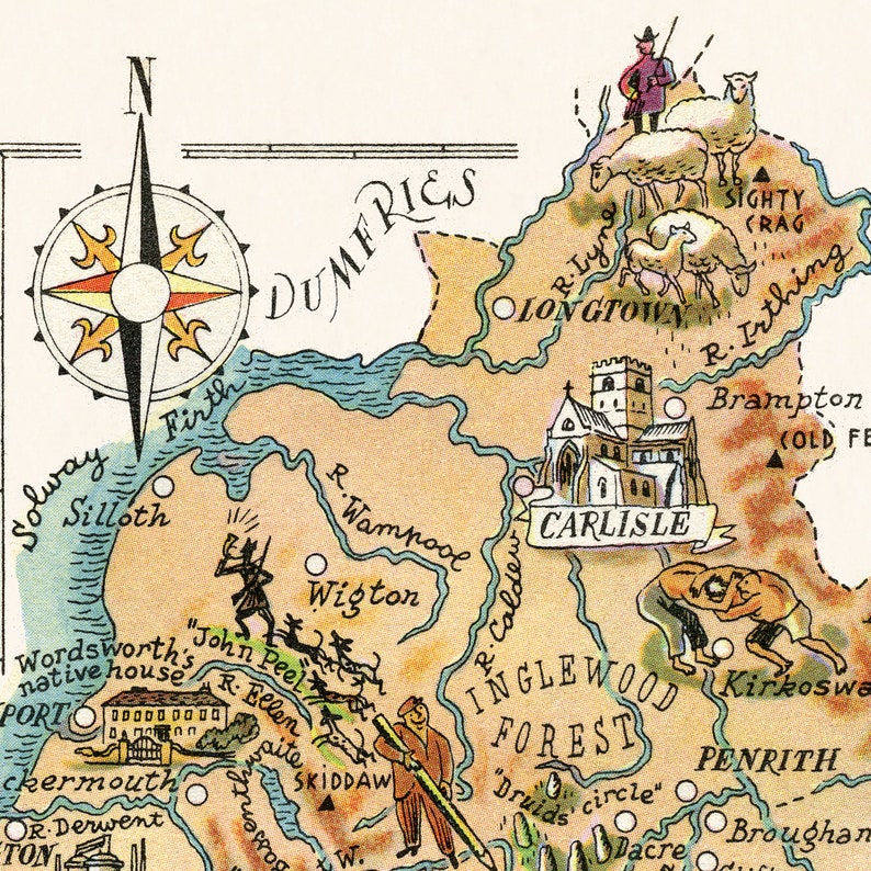 Fun Map of the Lake District in Great Britain, England, UK – Digital ...