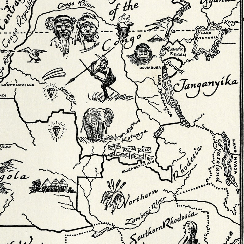 Map of Congo in Africa Digital Download PRINTABLE Vintage Pictorial Fun ...