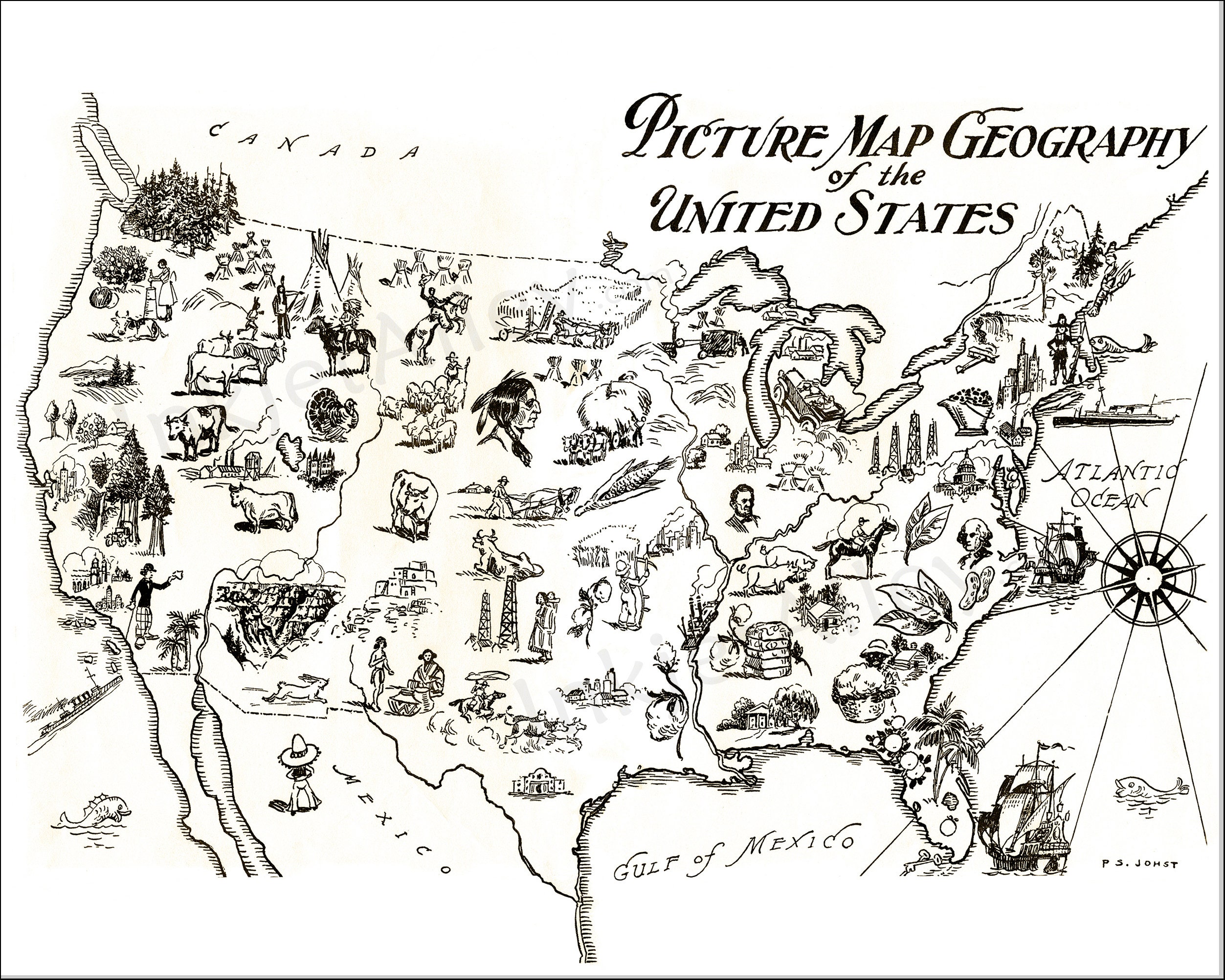 Pictorial Map of the United States – Digital Download PRINTABLE Vintage ...