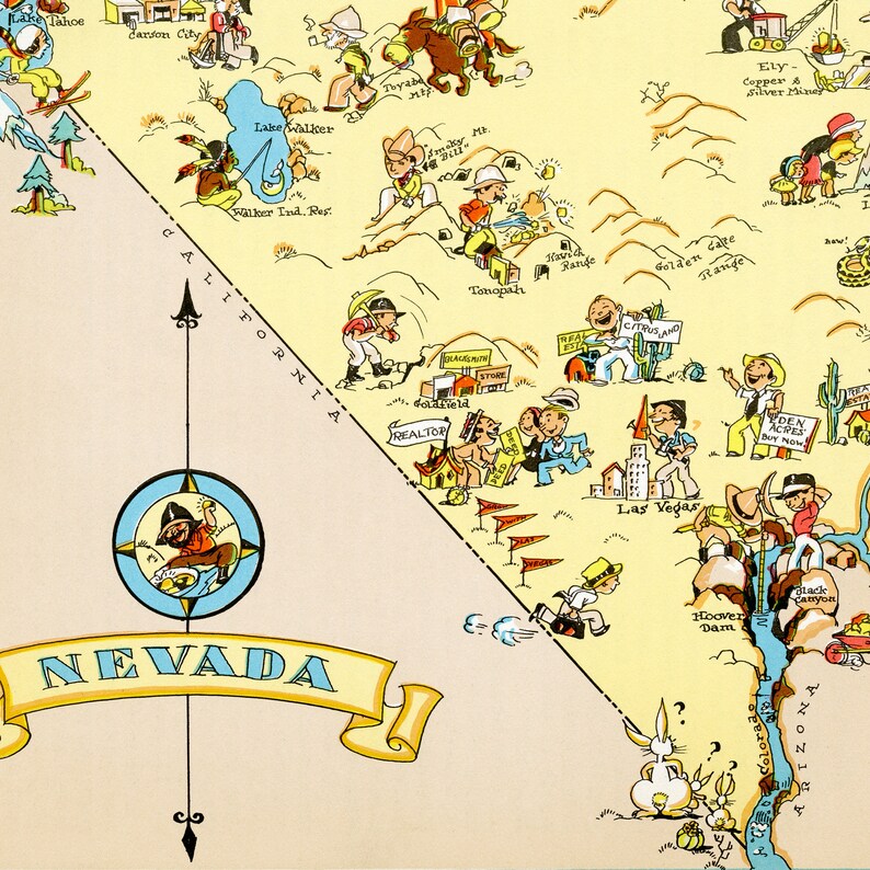 Fun State Map of Nevada – Digital Download PRINTABLE Vintage Pictorial ...