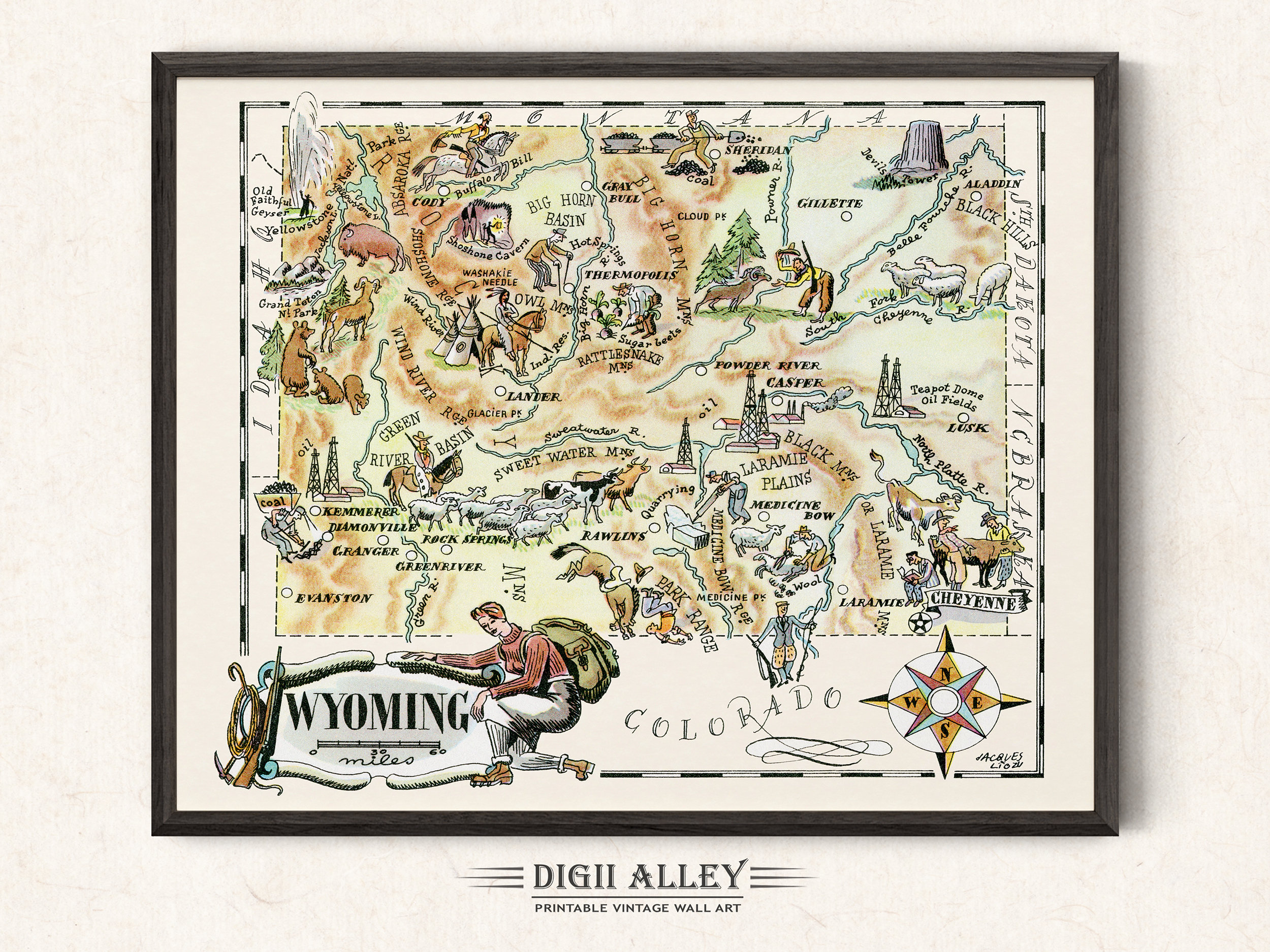 Fun State Map of Wyoming – Digital Download PRINTABLE Vintage Pictorial ...