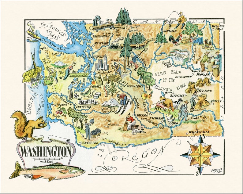 Fun State Map of Washington – Digital Download PRINTABLE Vintage ...