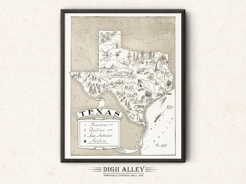 Pictorial State Map of Texas – Digital Download PRINTABLE Vintage Fun ...