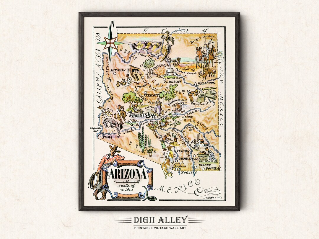 Fun State Map of Arizona – Digital Download PRINTABLE Vintage Pictorial ...